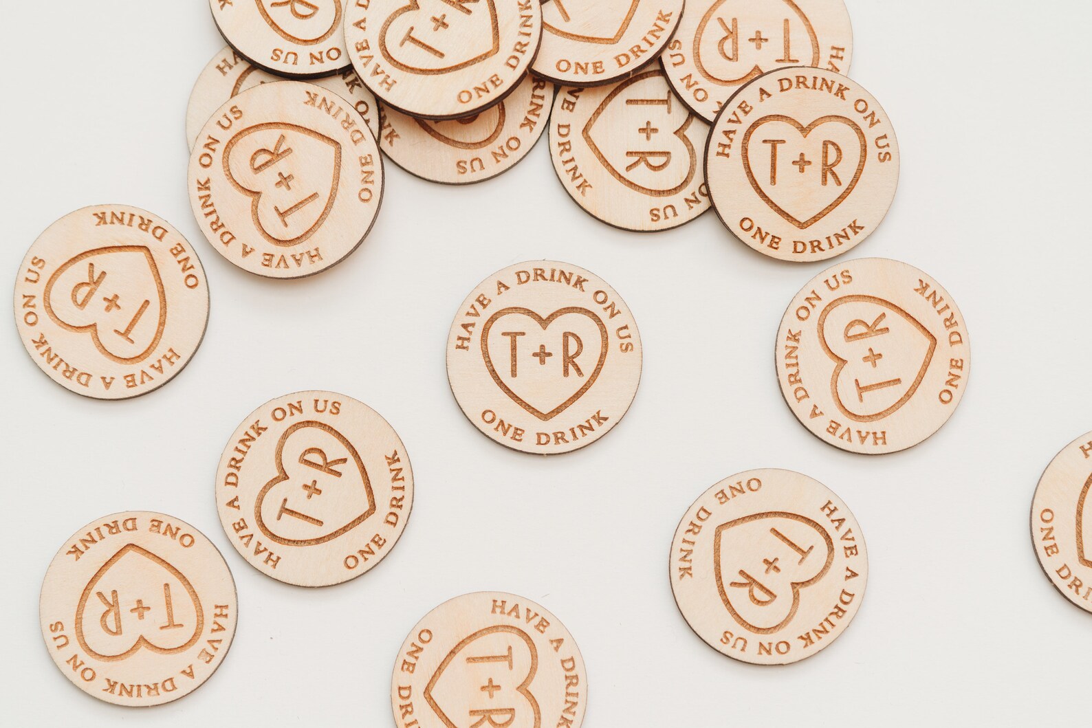 Love Heart Drinks Tokens // Wedding Couple Initials and Date. | Etsy