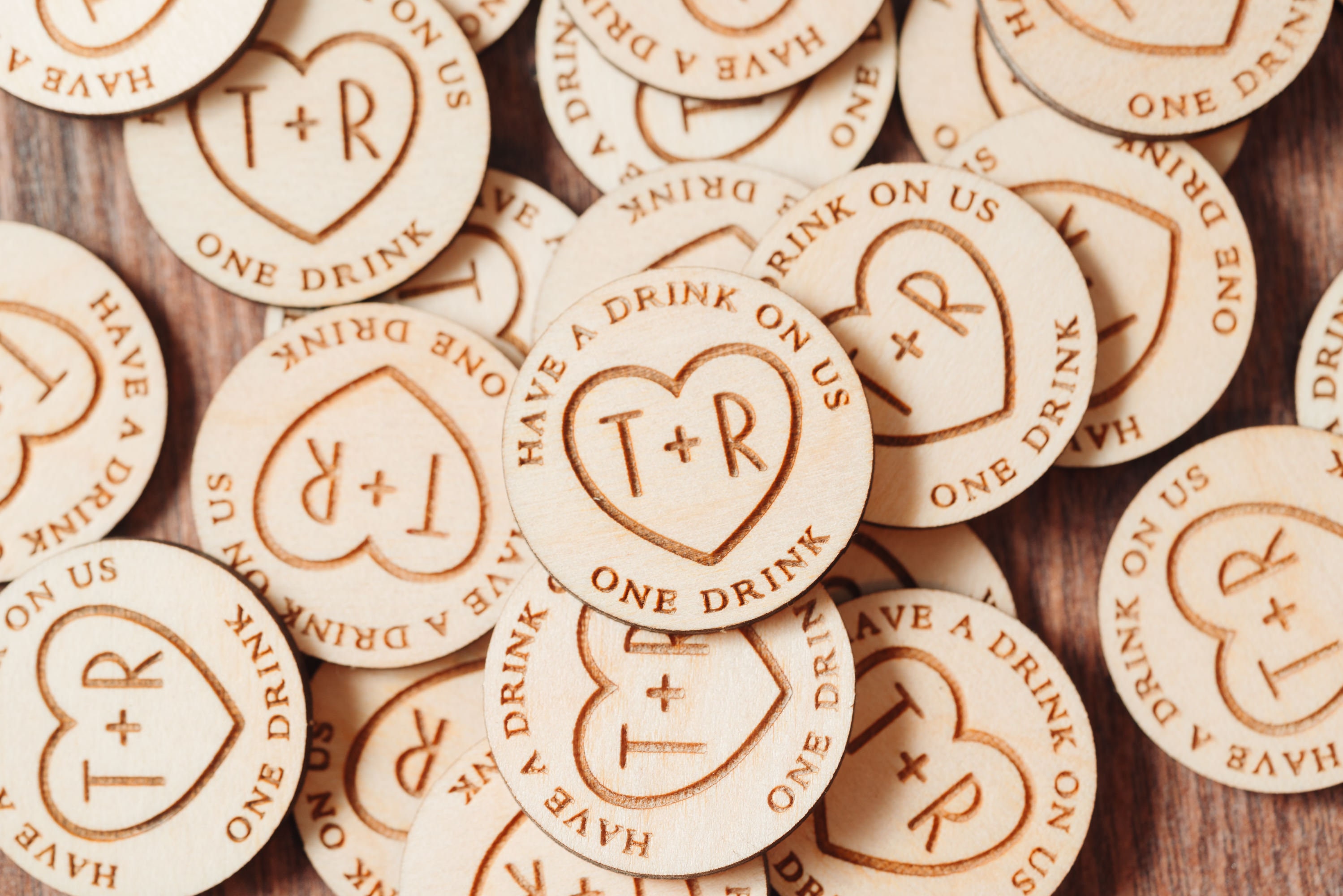 Love Heart Drinks Tokens // Wedding Couple Initials and Date. | Etsy