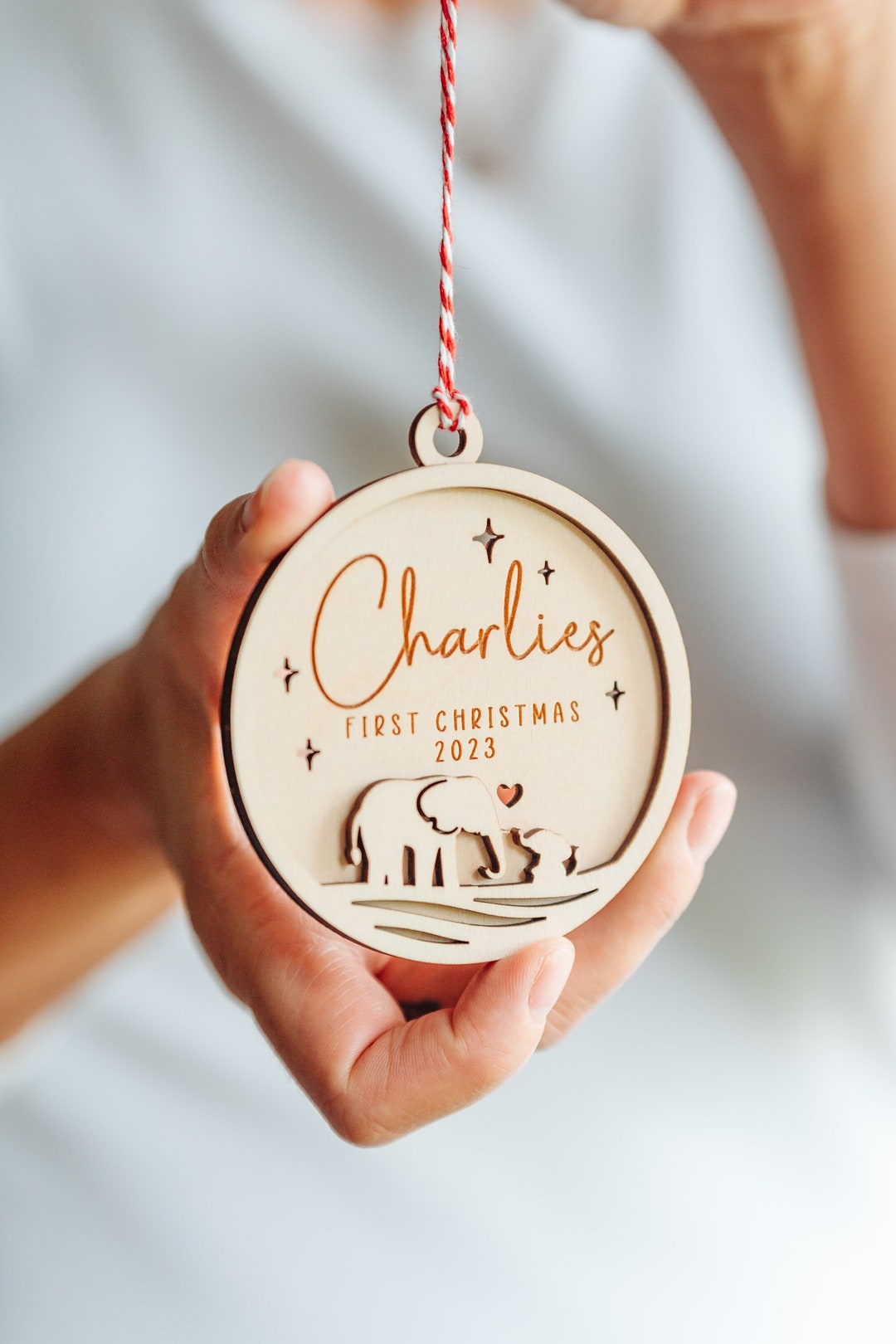 Babys First Christmas 2024. Mama Elephant and Cub Wooden Bauble. Gifts ...