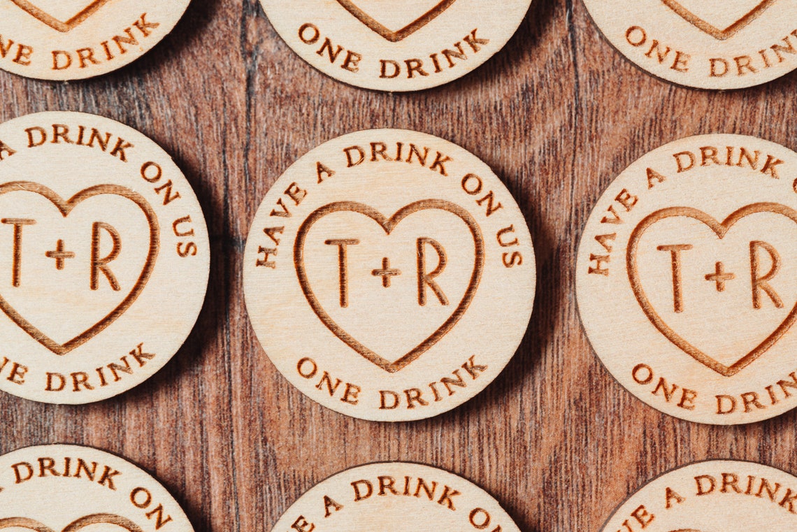Love Heart Drinks Tokens // Wedding Couple Initials and Date. | Etsy