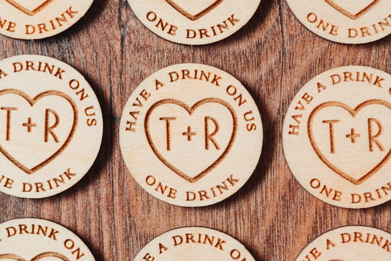 Love Heart Drinks Tokens // Wedding Couple Initials and Date. | Etsy