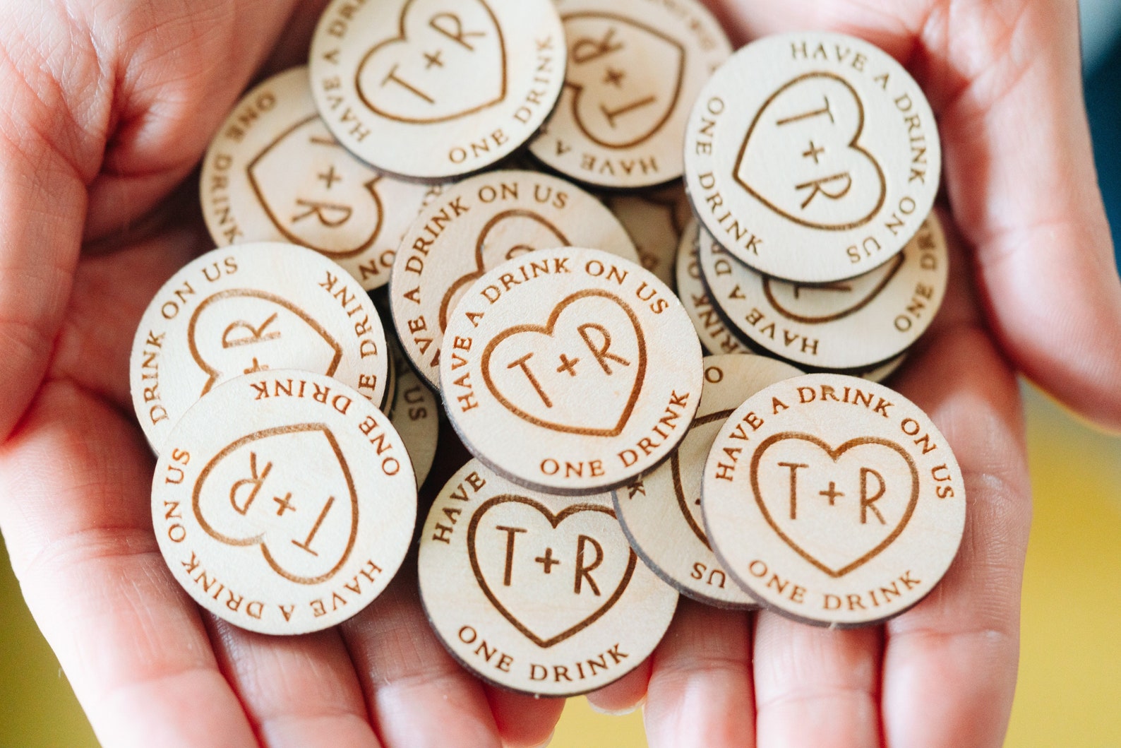 Love Heart Drinks Tokens // Wedding Couple Initials and Date. | Etsy