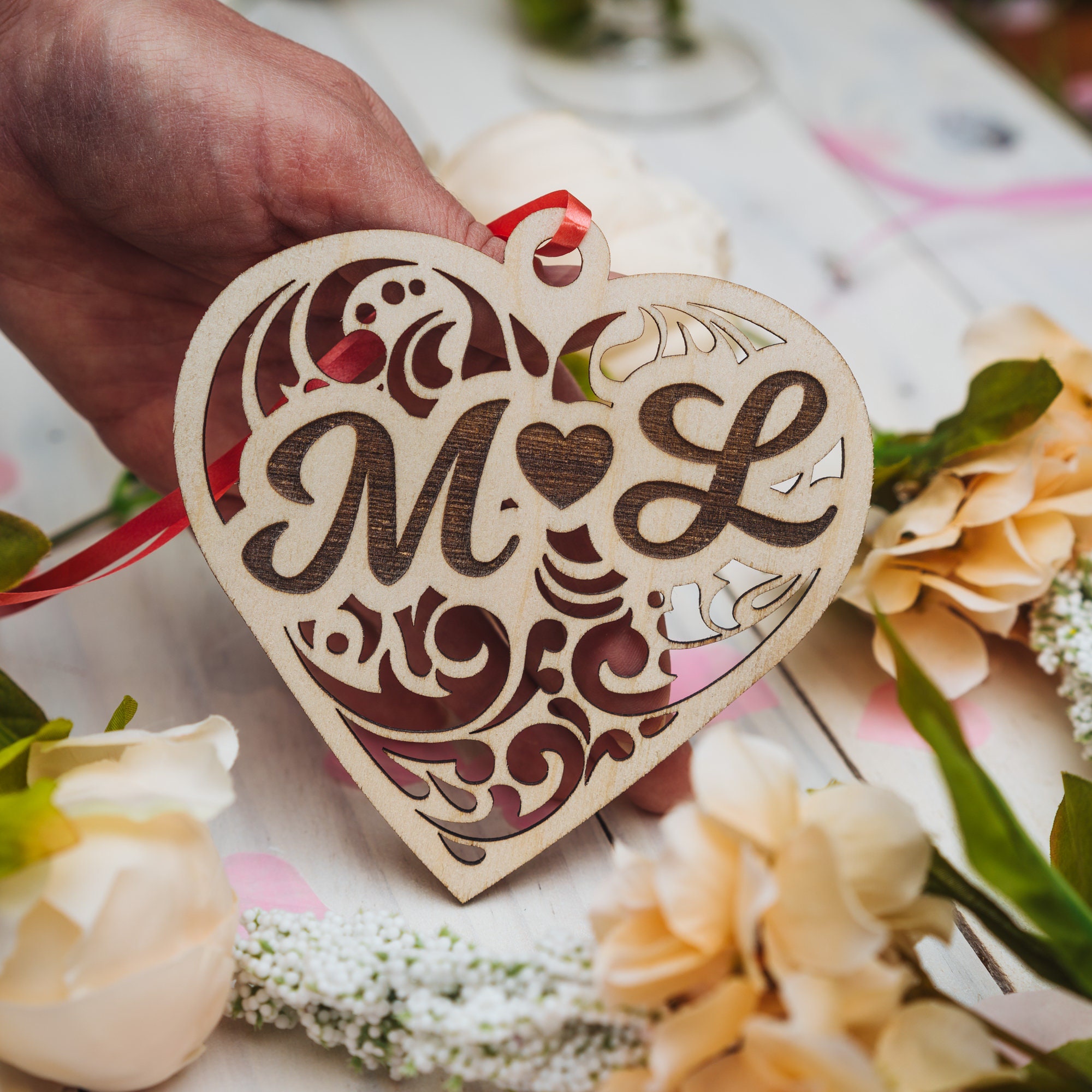 Heart Shaped Decorative Personalised Ornament, Wooden Engraved With a ...