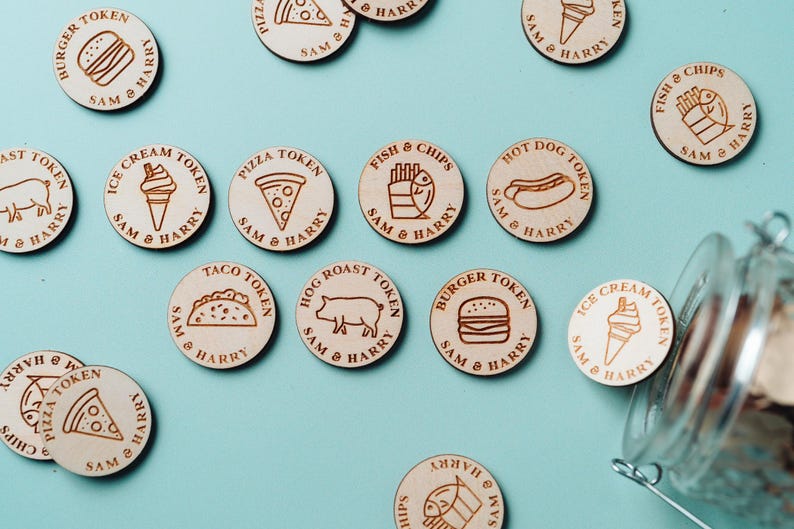 Food Tokens for Wedding & Parties | Ice Cream Pizza Fish Chips Burger ...
