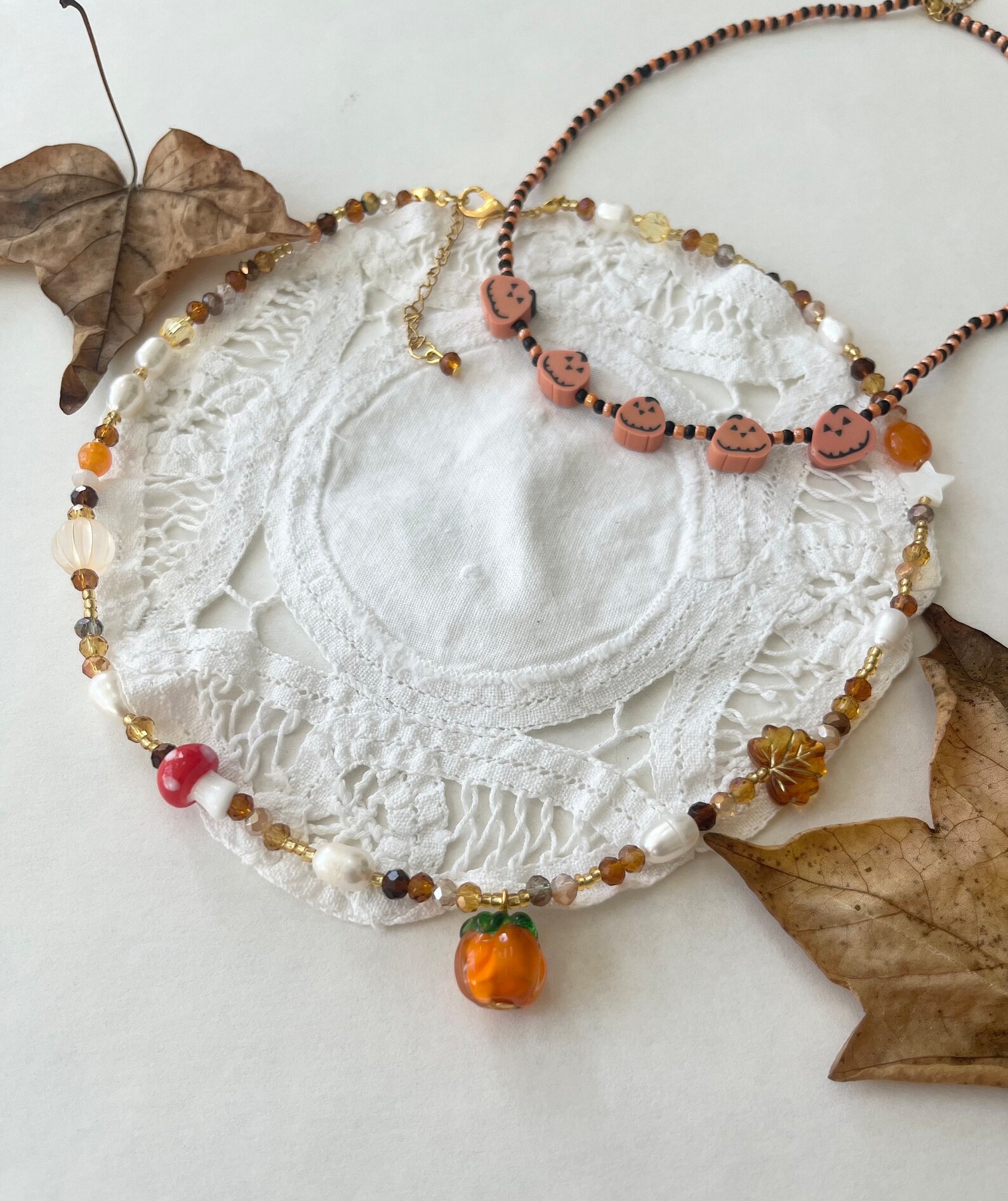 The Fall Necklace Beaded Jewellery Autumn Pumpkin Mushroom Leaves - Etsy UK
