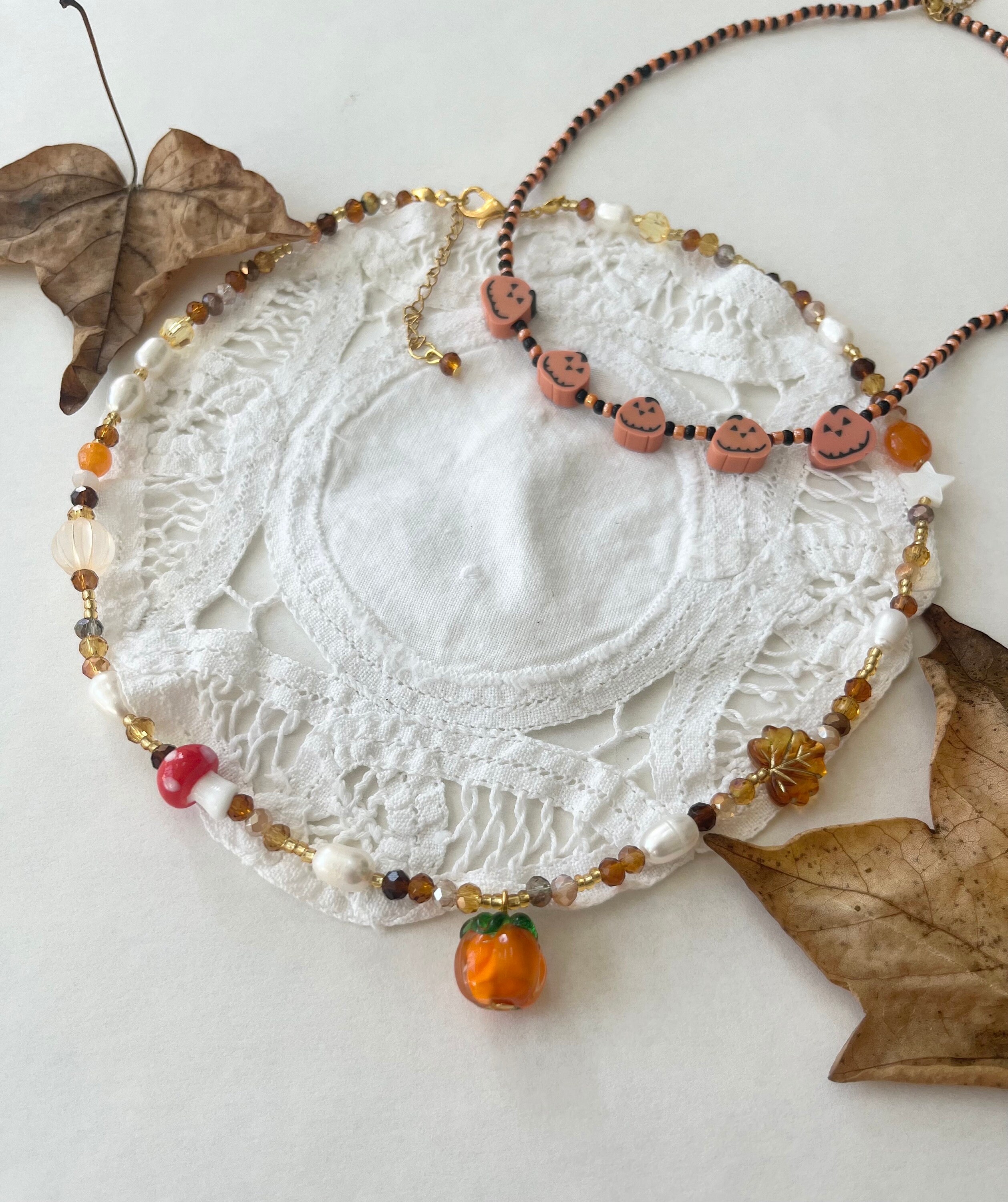 The Fall Necklace Beaded Jewellery Autumn Pumpkin Mushroom Leaves - Etsy UK