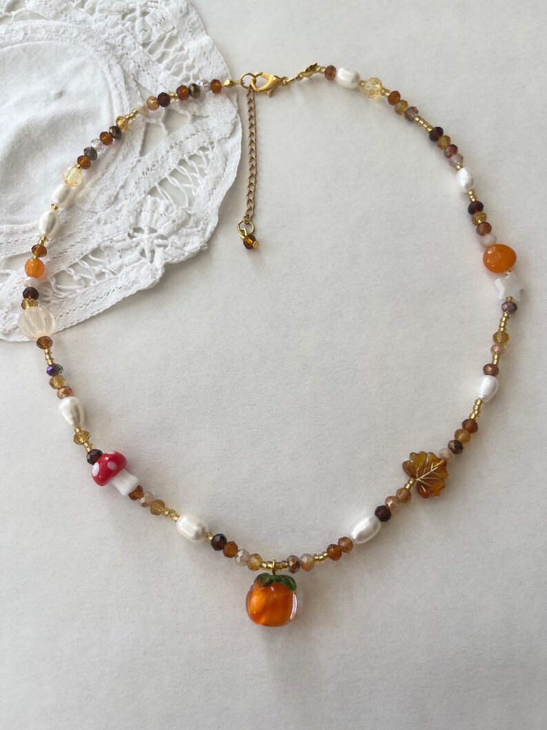 The Fall Necklace Beaded Jewellery Autumn Pumpkin Mushroom Leaves - Etsy UK