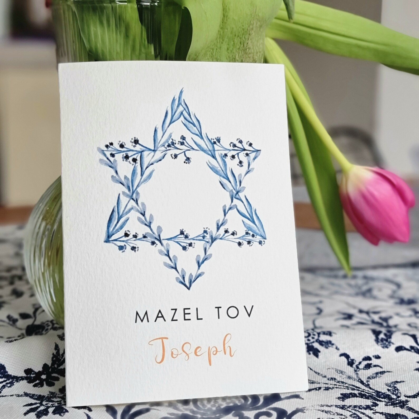 Personalised Mazel Tov Card | Handmade Watercolour | Bar Mitzvah | Star ...
