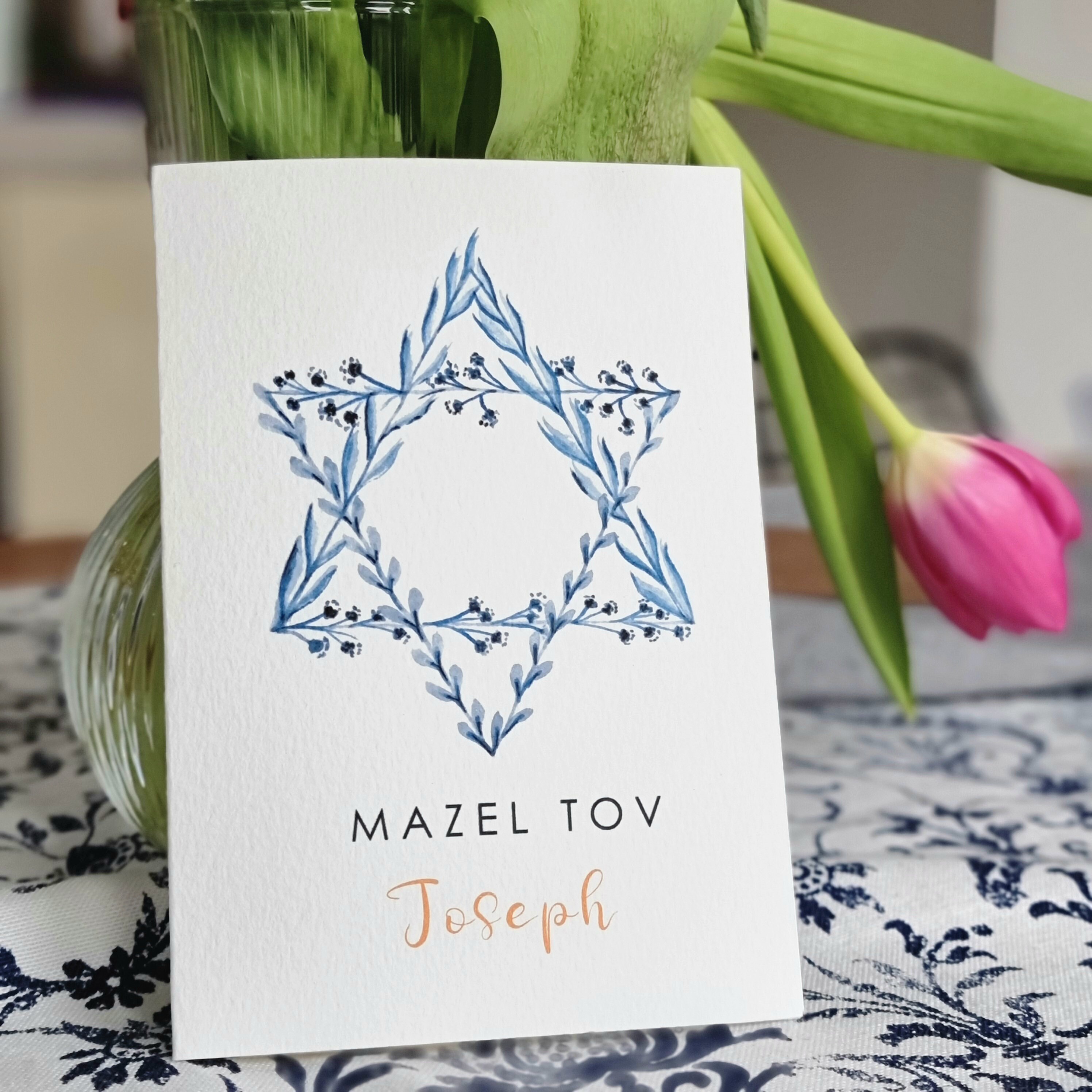 Personalised Mazel Tov Card | Handmade Watercolour | Bar Mitzvah | Star ...