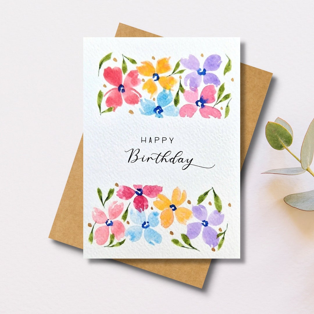 Personalised Birthday Card Colourful Flowers | Watercolour Handmade ...