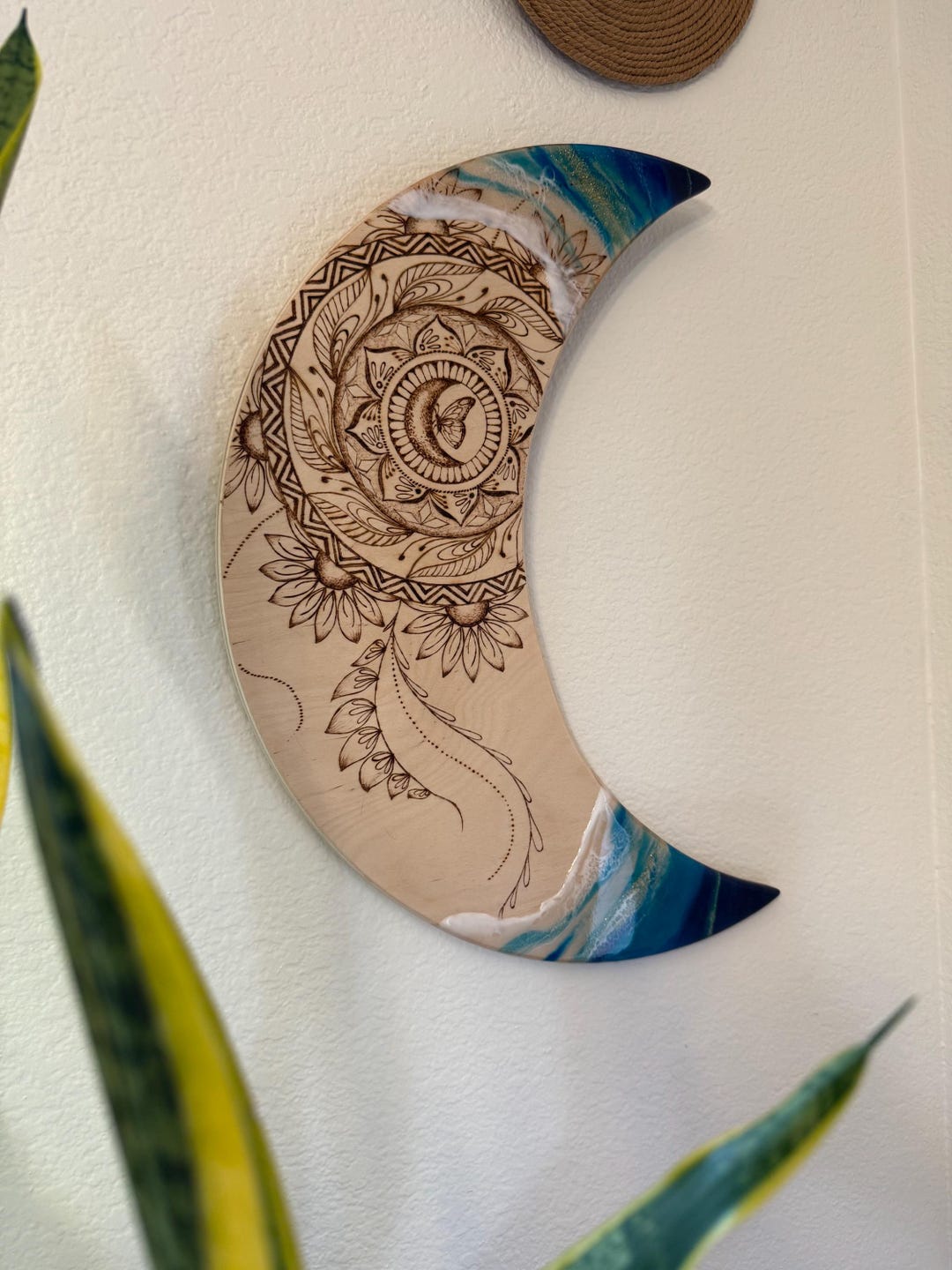 Hand-burned Mandala Moon • Ocean Resin Moon Art • Pyrography Birch Wood ...