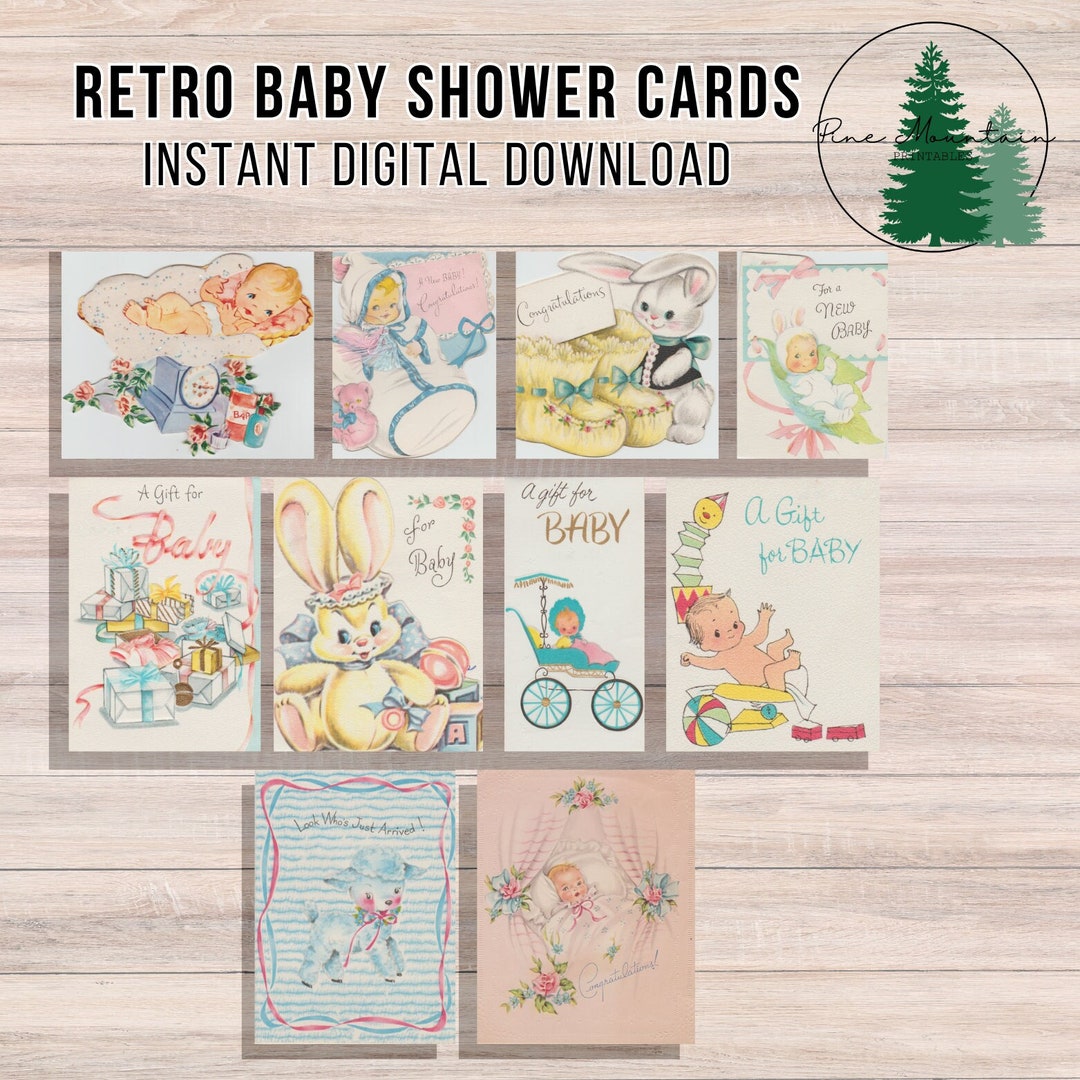 Printable Vintage Retro Baby Shower Cards Digital Collage Sheet Instant ...