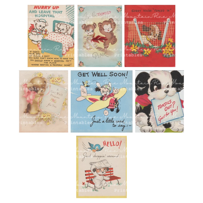 Printable Vintage Retro Get Well Dog Cards - Digital Collage Sheet ...
