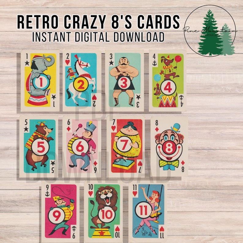 Printable Vintage Retro Crazy Eights Card Game Digital Collage Sheet ...