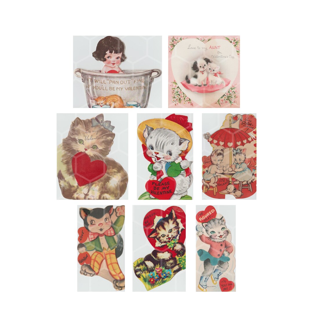 Printable Vintage Retro Cat Valentine's Day Cards Digital Collage Sheet ...