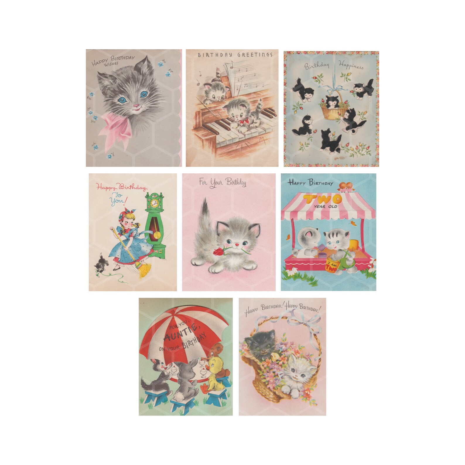 Printable Vintage Retro Cat Birthday Cards - Digital Collage Sheet ...