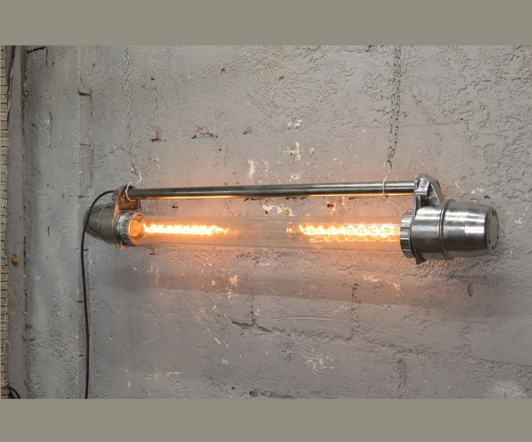 Vintage Industrial Polished Aluminum Pendant Tube Light | 40" Factory ...