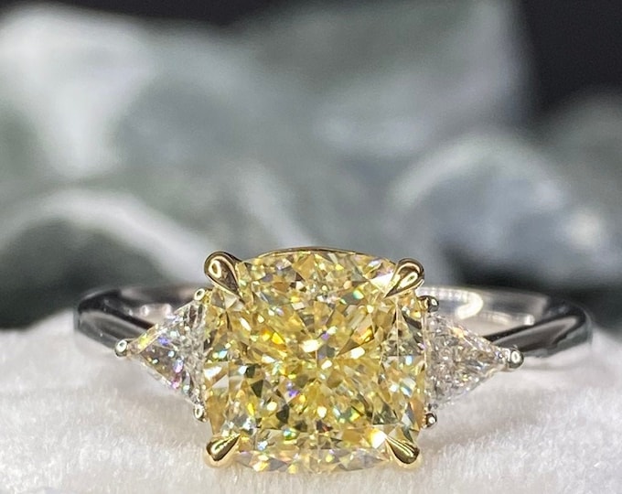 Cushion Cut Diamond Ring Fancy Yellow Diamond Engagement - Etsy