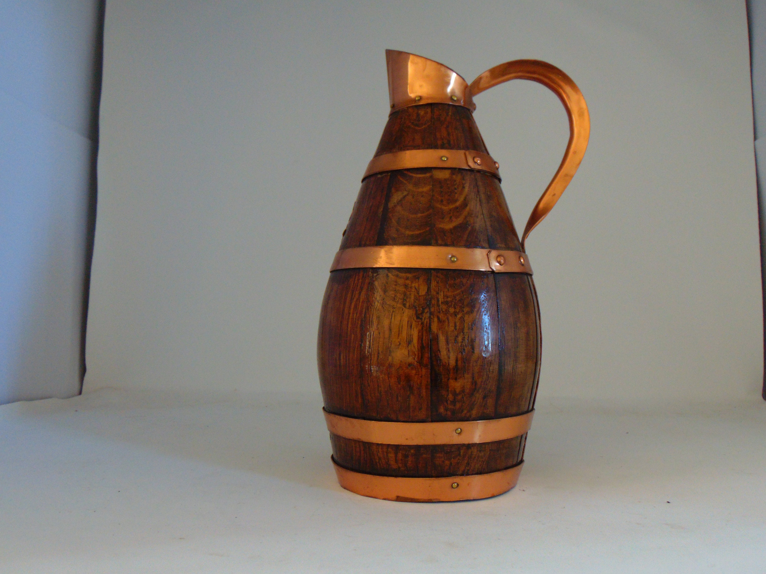 Vintage French Primitive Wood Barrel Pitcher With Metal Bands and ...