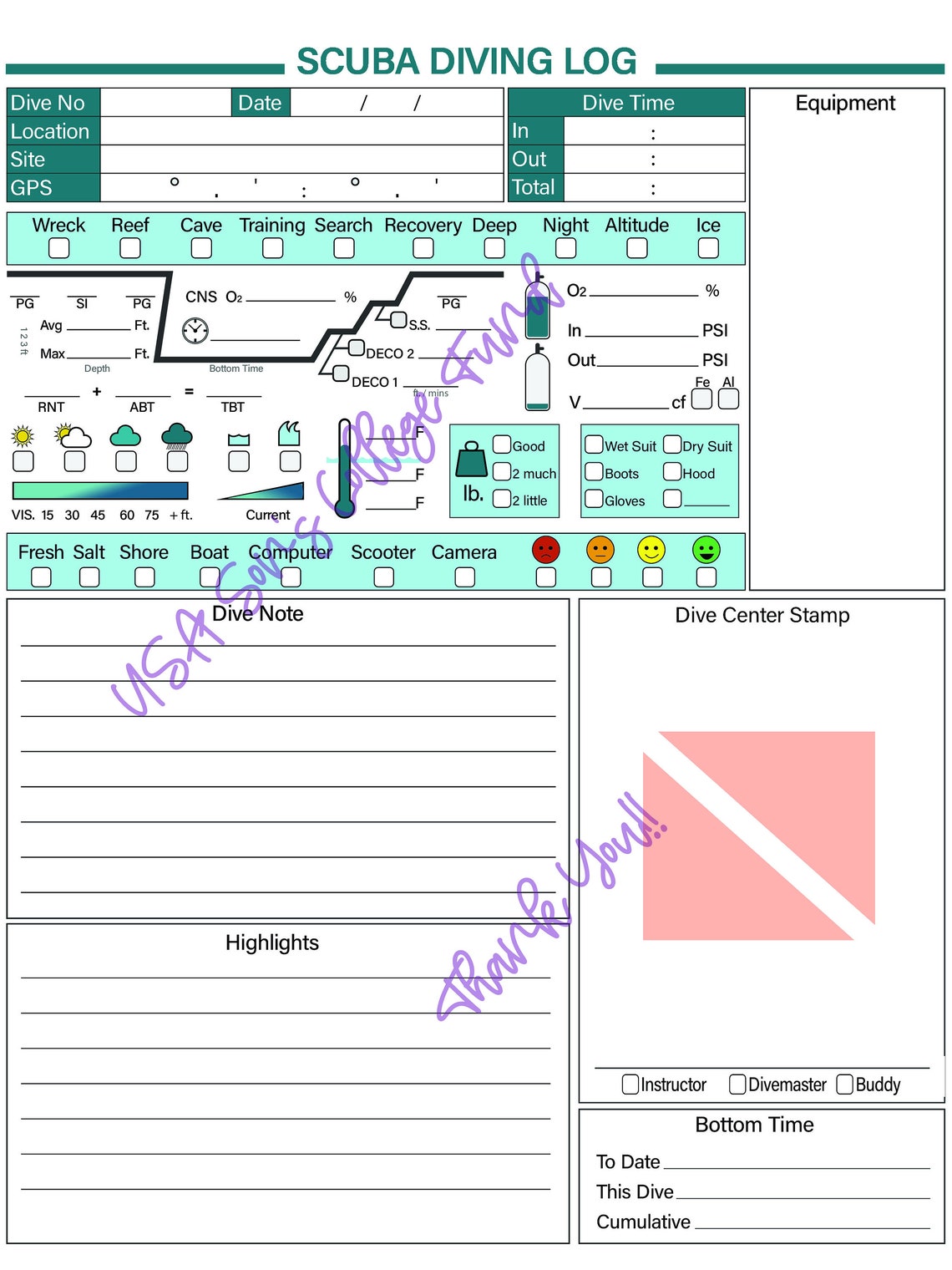 Printable Digital Scuba Diving Journal Logbook Notebook Page | Etsy