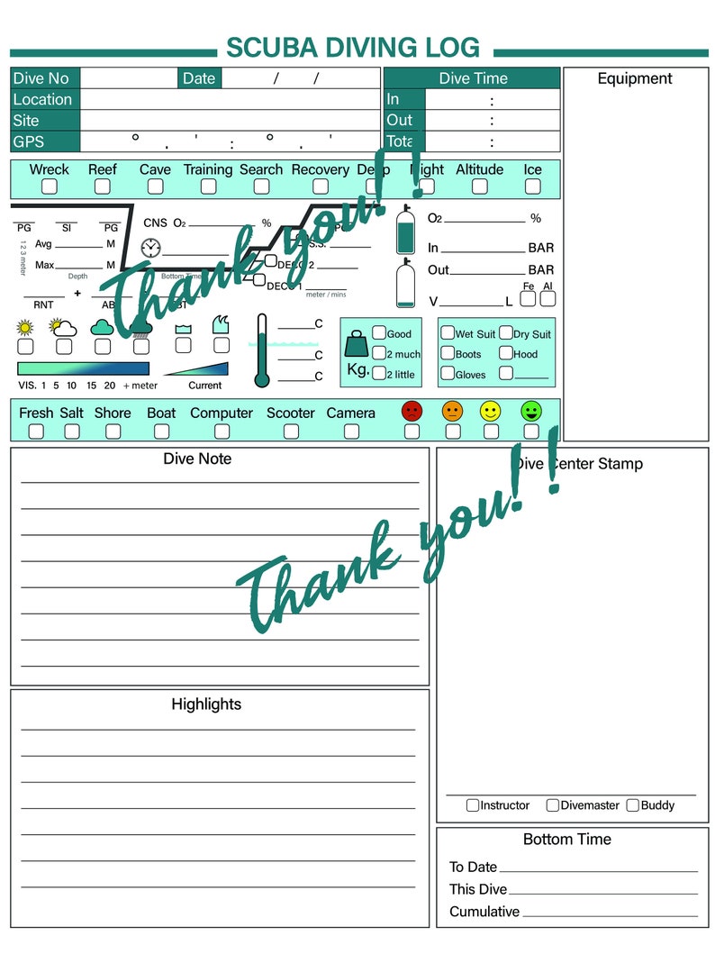 Printable Digital Scuba Diving Journal Logbook Notebook Page Metric ...