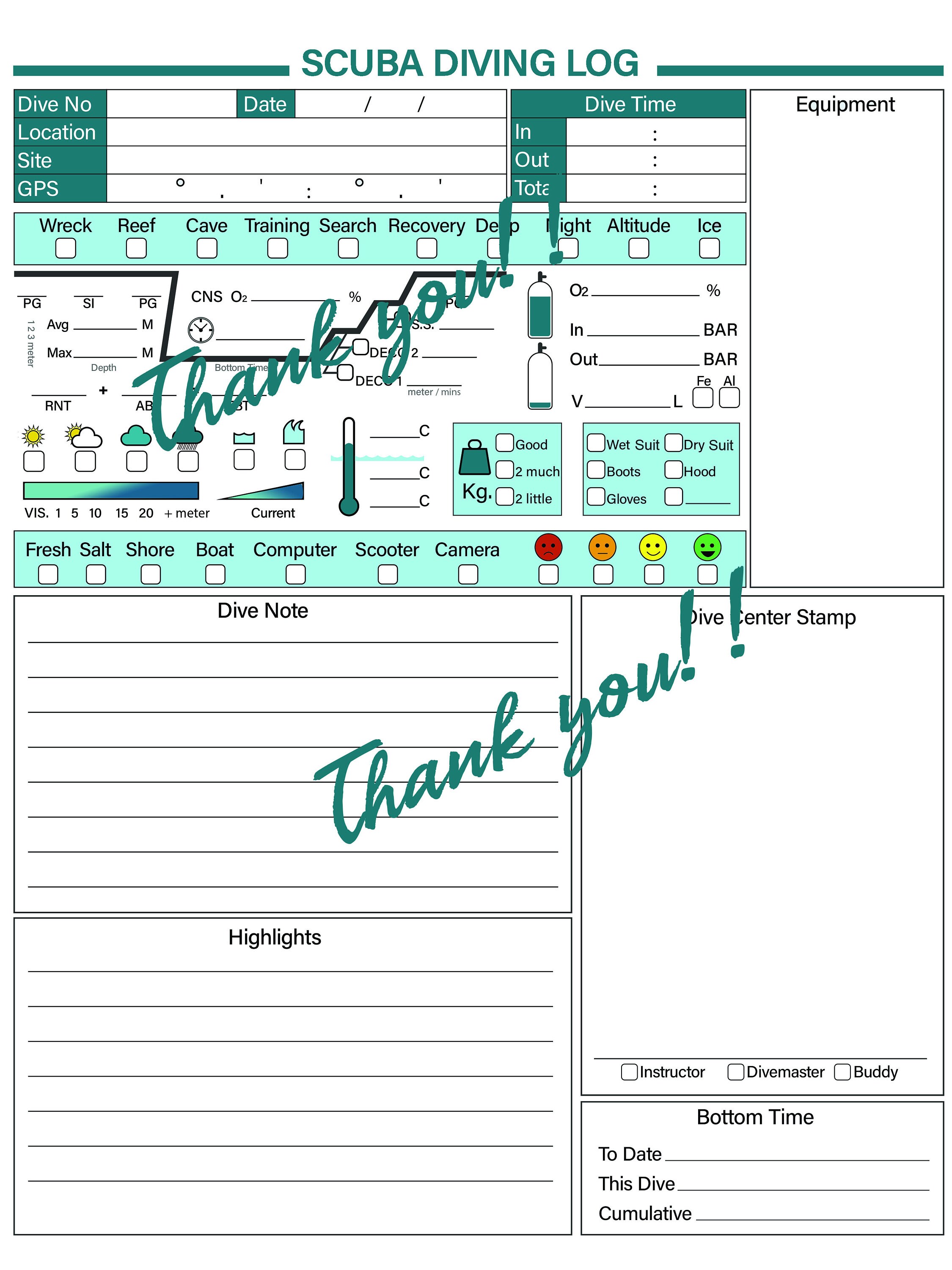 Printable Digital Scuba Diving Journal Logbook Notebook Page Metric ...