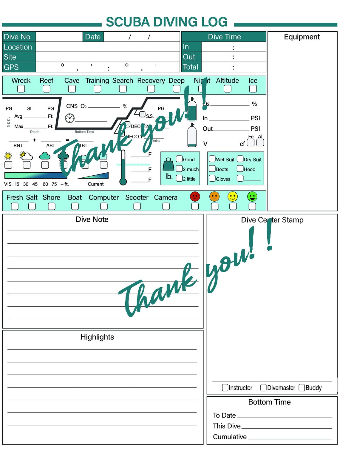Printable Digital Scuba Diving Journal Logbook Notebook Page - Etsy