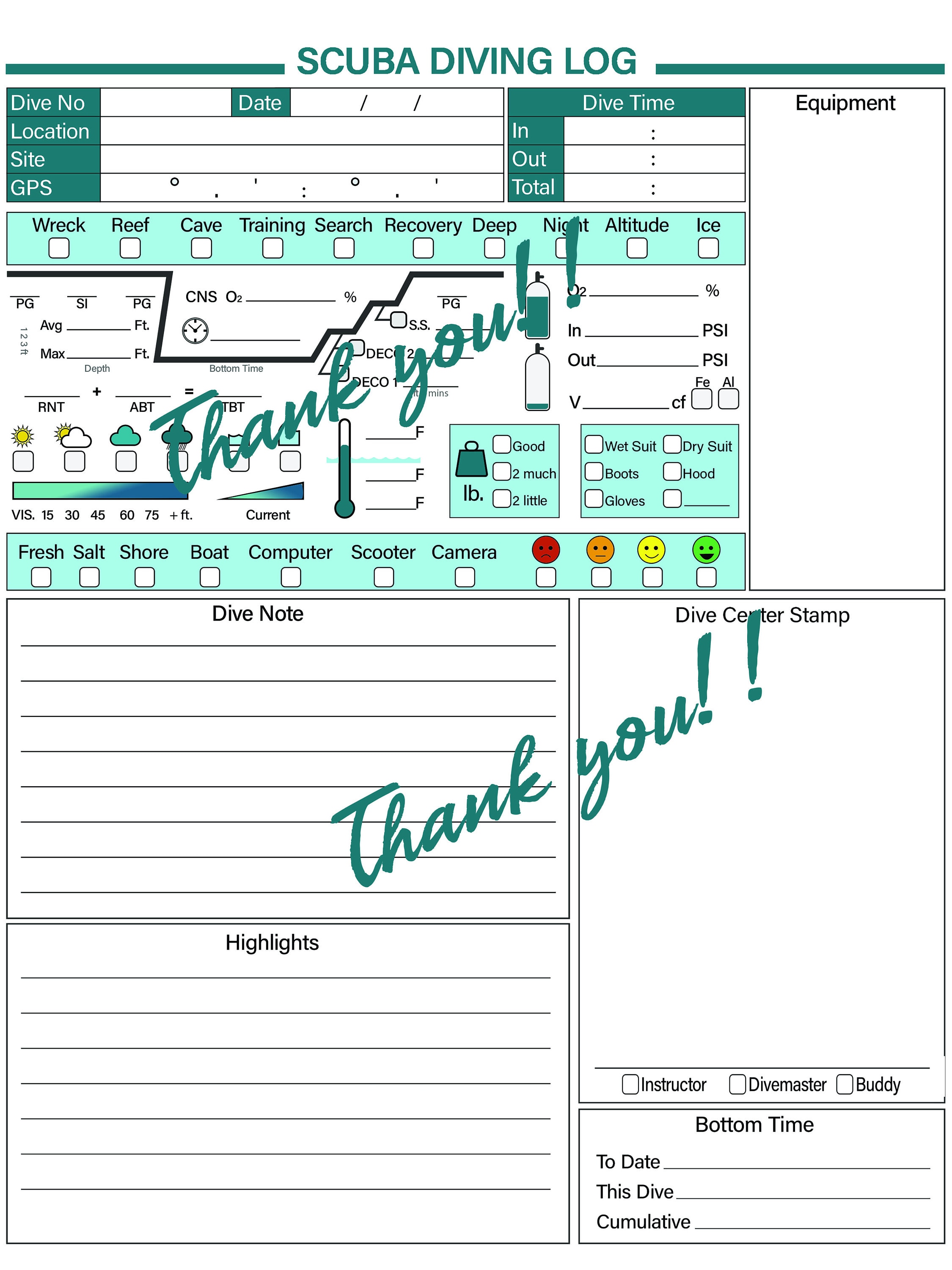 Printable Digital Scuba Diving Journal Logbook Notebook Page - Etsy