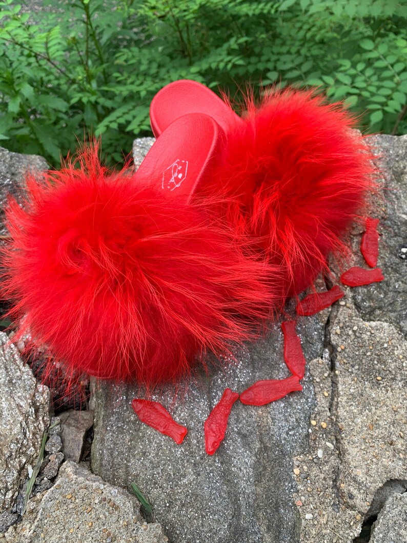 Fruit Punch Red Women’s Fur Slides - Luxury - Pool Slides - Red Fur ...