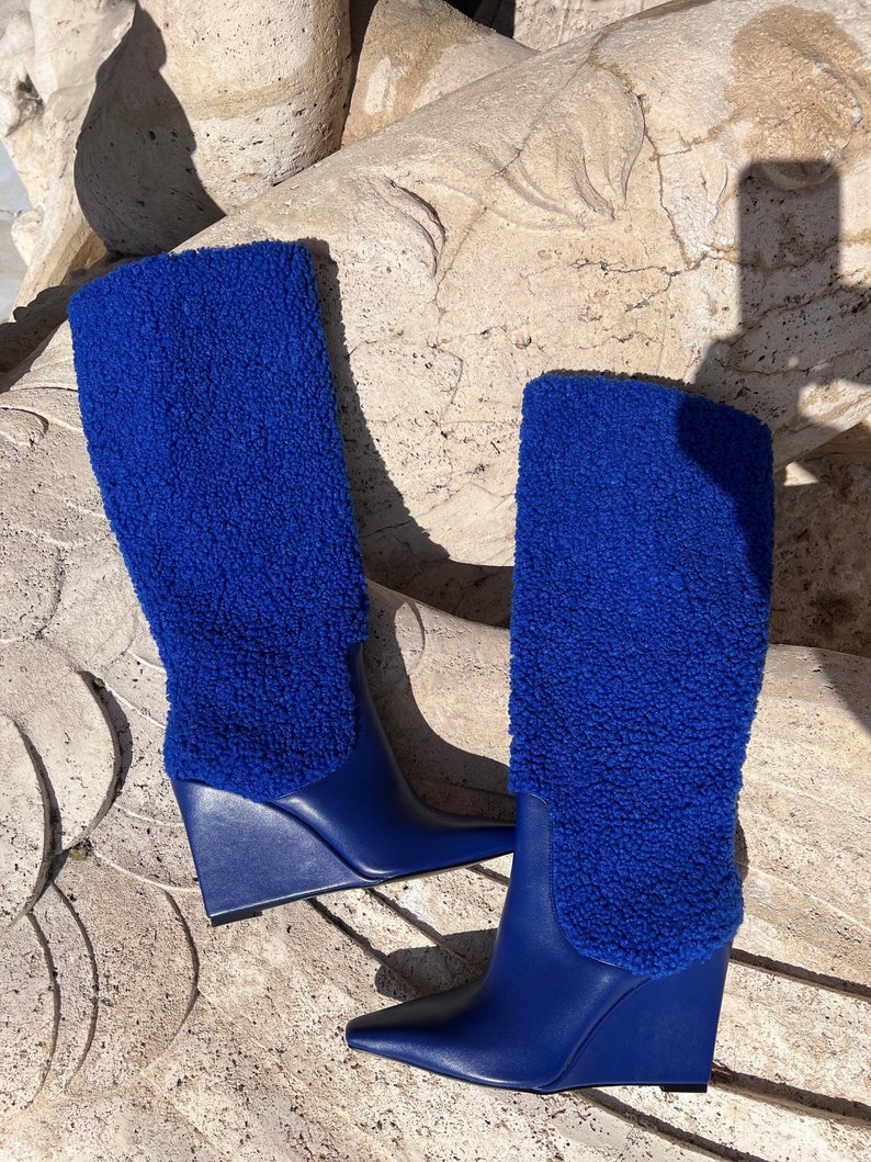 Inoli Brand Women's Blue Knee High Wedge Heel Winter Sheepskin Boots - Etsy