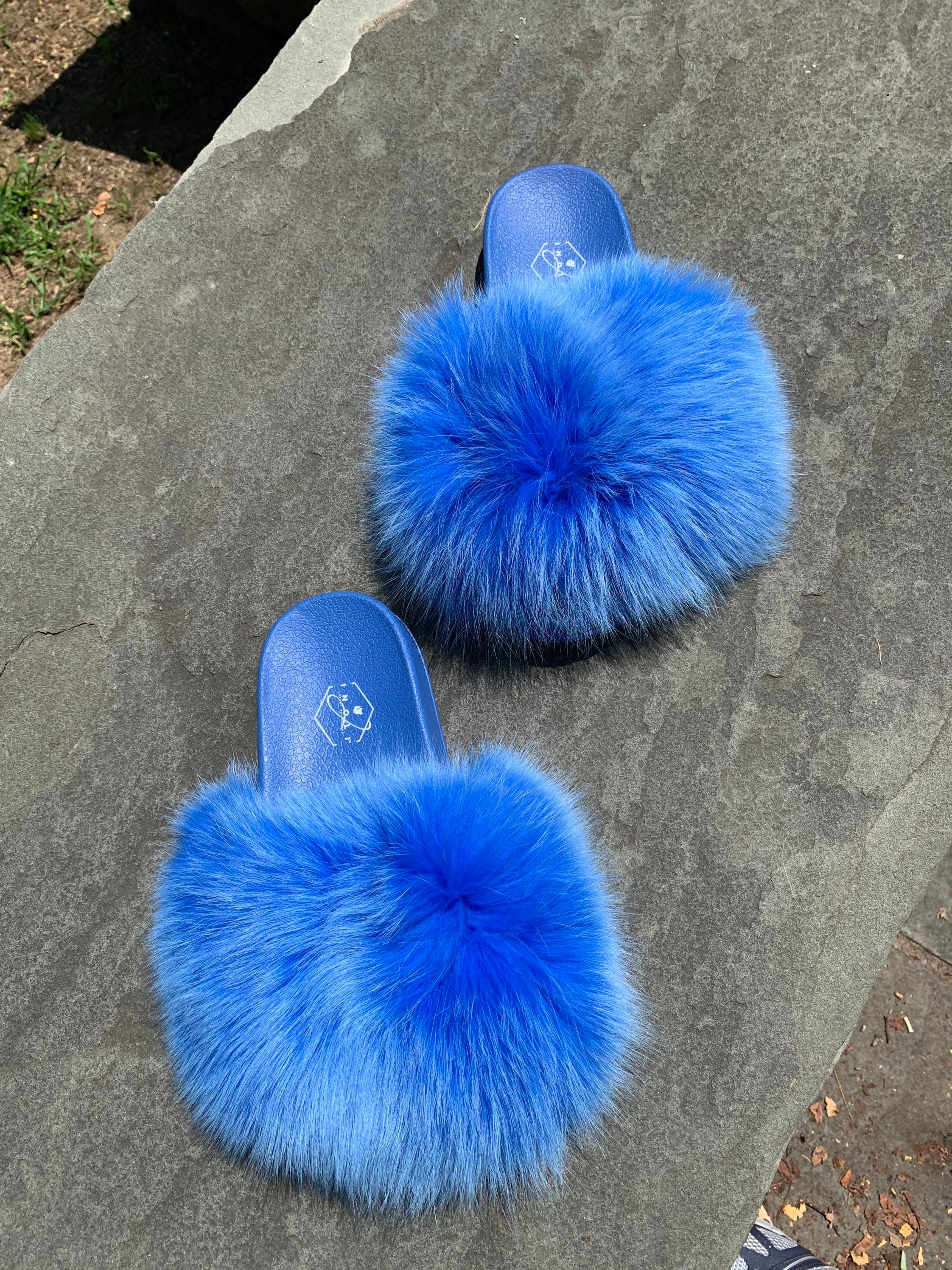 Sky Blue Women’s Fur Slides - Pool Slides - Sandals - Slippers - Women ...