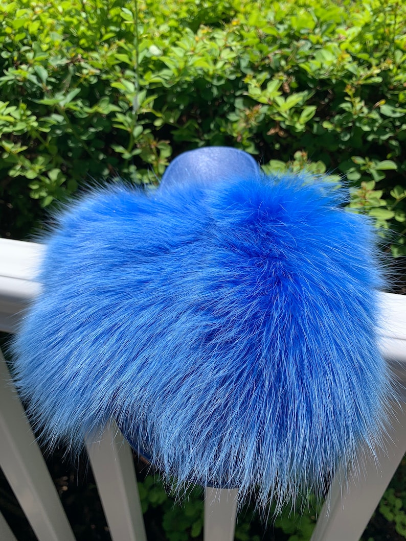 Sky Blue Women’s Fur Slides - Pool Slides - Sandals - Slippers - Women ...