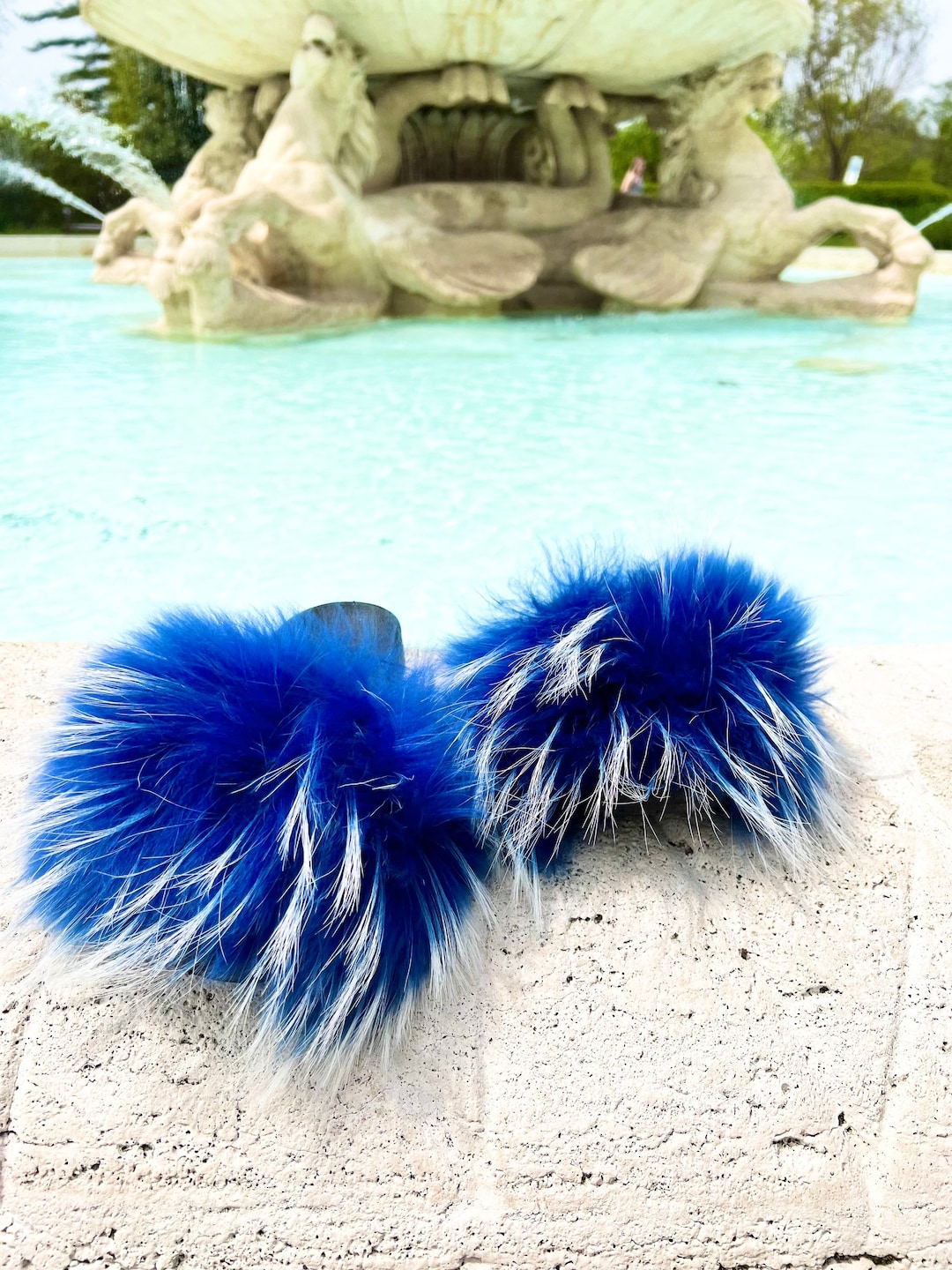 Women's Blue Fur Slides - Pool Slides - Sandals - Slippers - Women’s ...