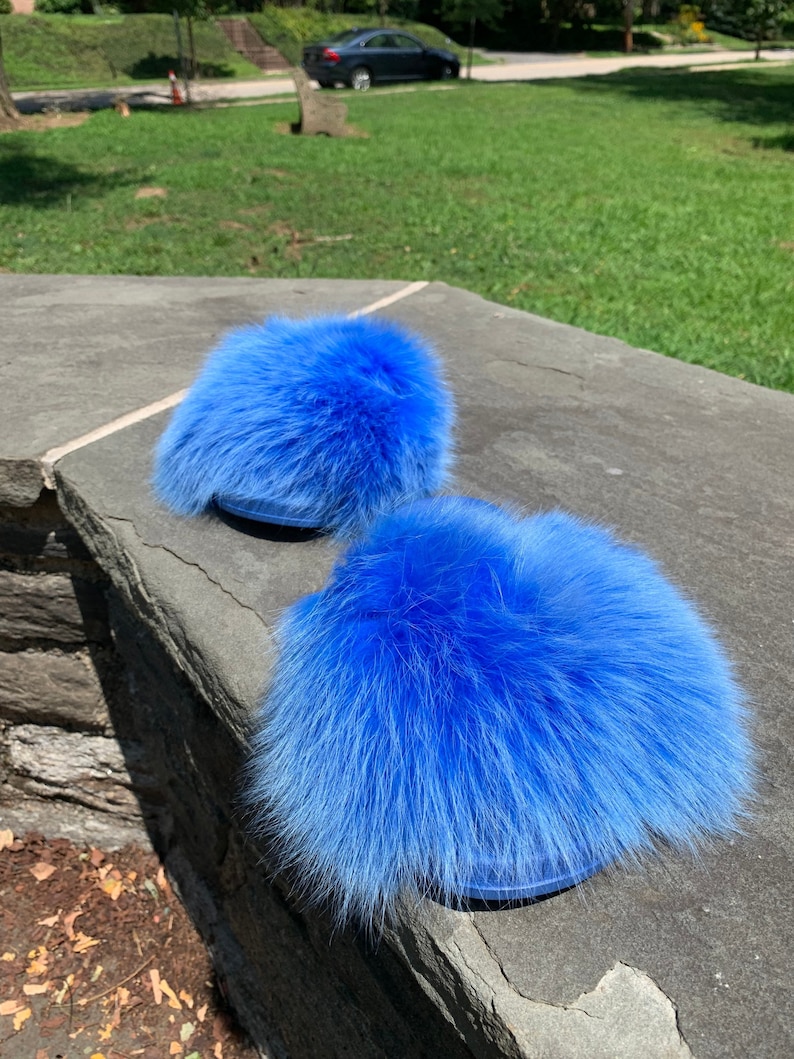 Sky Blue Women’s Fur Slides - Pool Slides - Sandals - Slippers - Women ...
