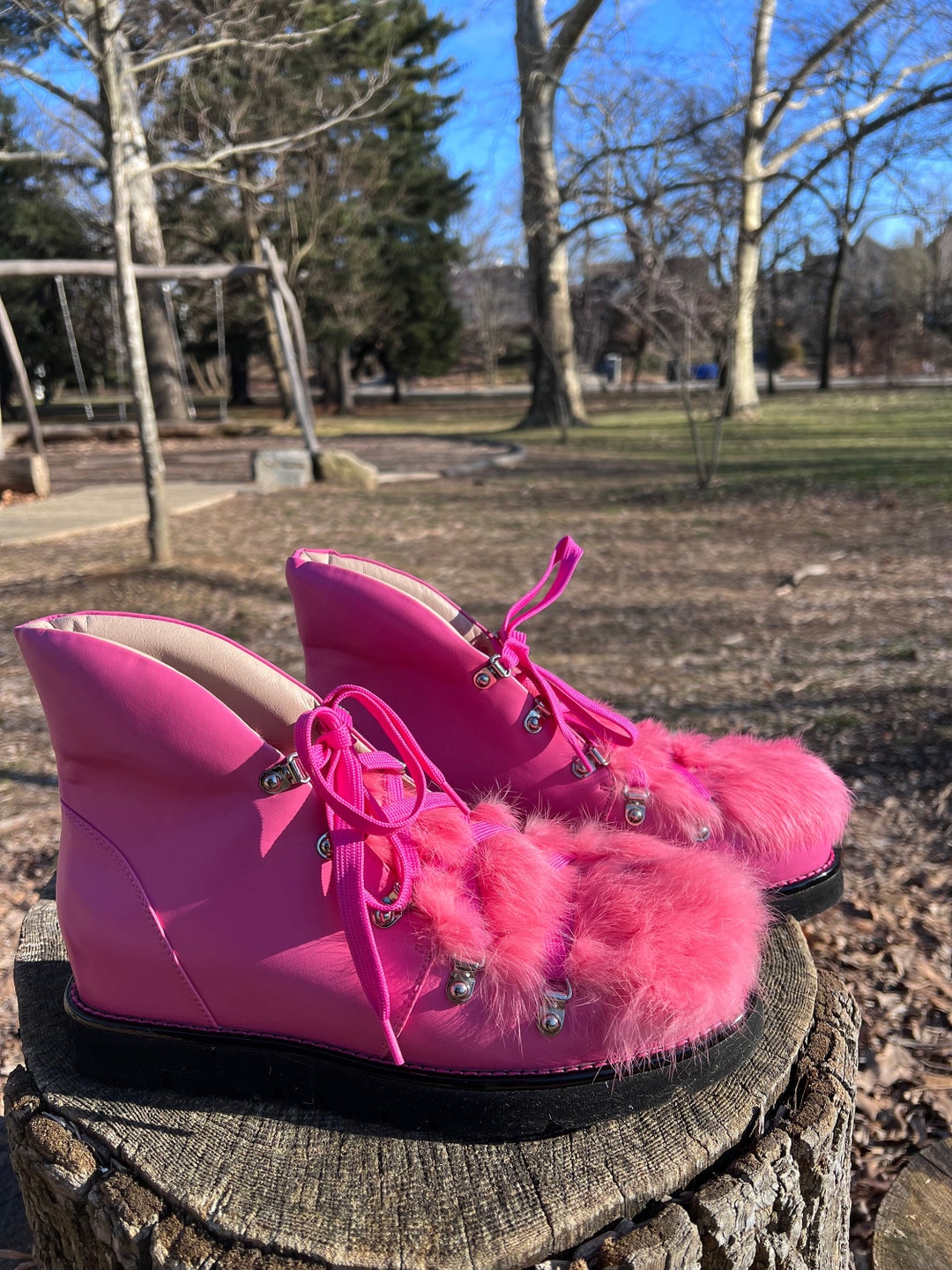 Pink Flat Hiking Winter Spring Boots With Fur - Etsy