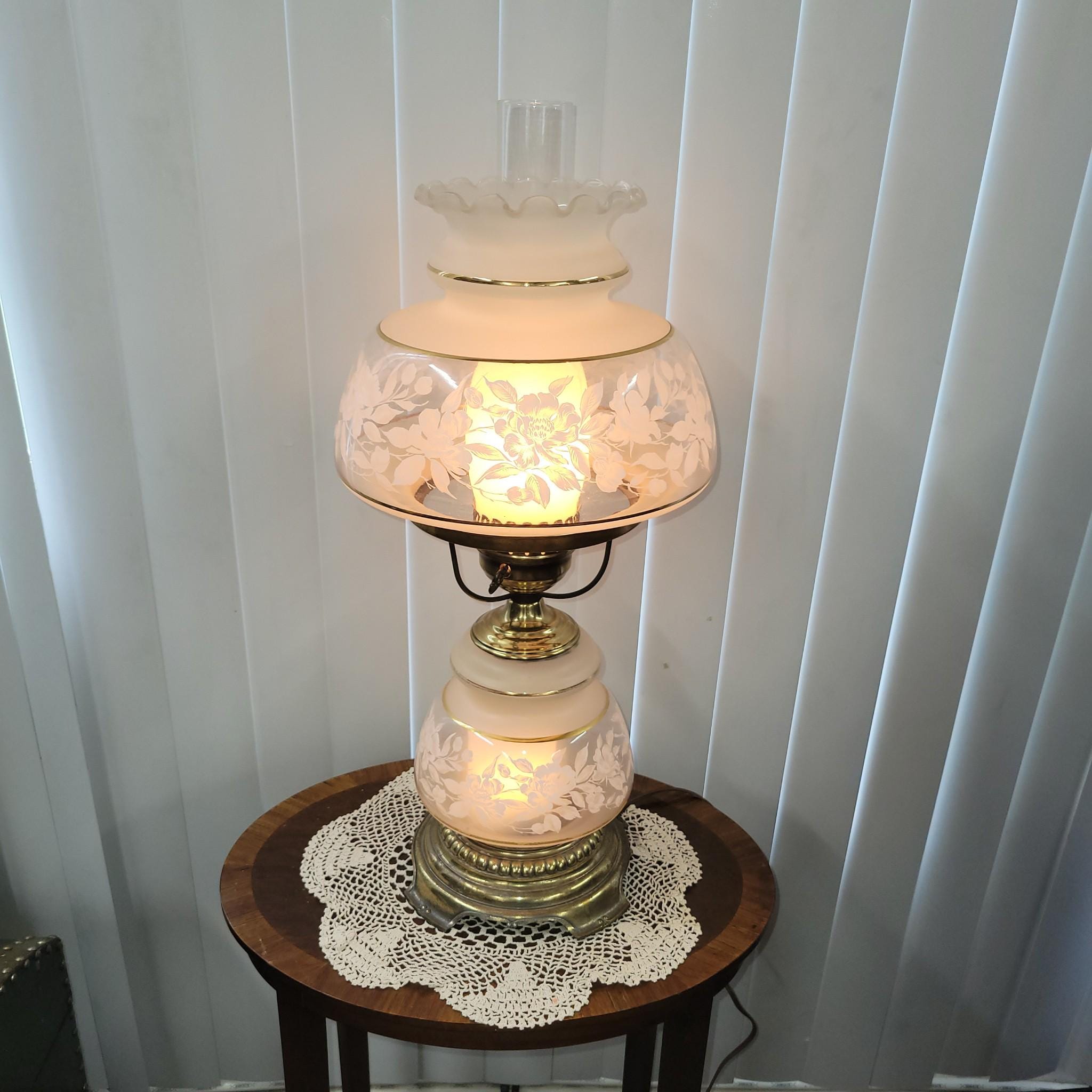 Vintage Hurricane Lamp Gone With the Wind Etched Floral Frosted Clear ...