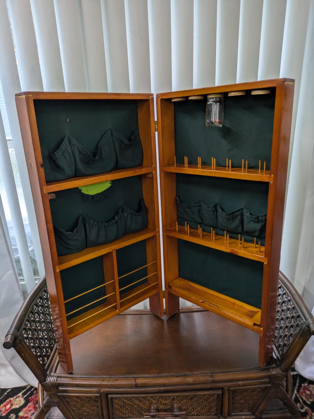 Vintage Folding Sewing Cabinet Spool Holder Caddy Green Vinyl Wooden - Etsy