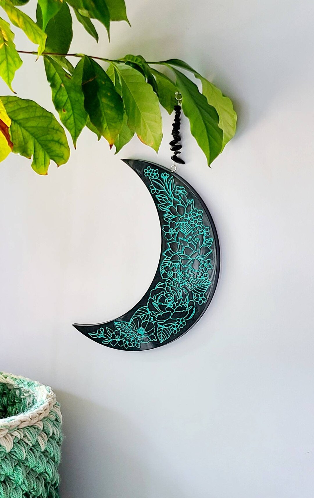 Cresent Moon, Moon Hanging, Floral Moon, Mint and Black Moon, Moon Wall ...