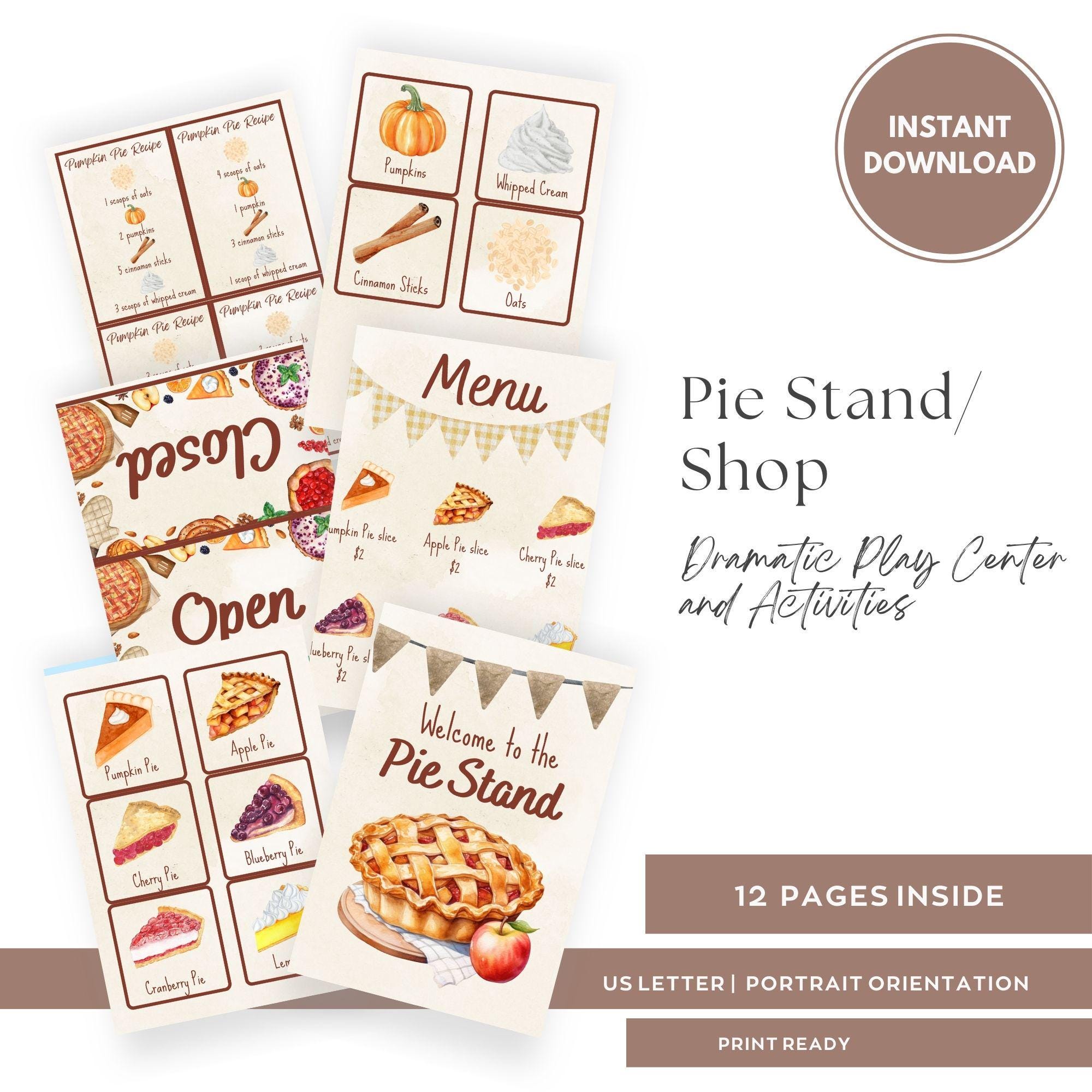 Pie Shop Dramatic Play Printables, Homeschool Pretend Play (digital ...