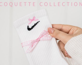 Embroidered Pink Bow Crew Socks, Coquette Crew Socks, Bow Crew Socks ...