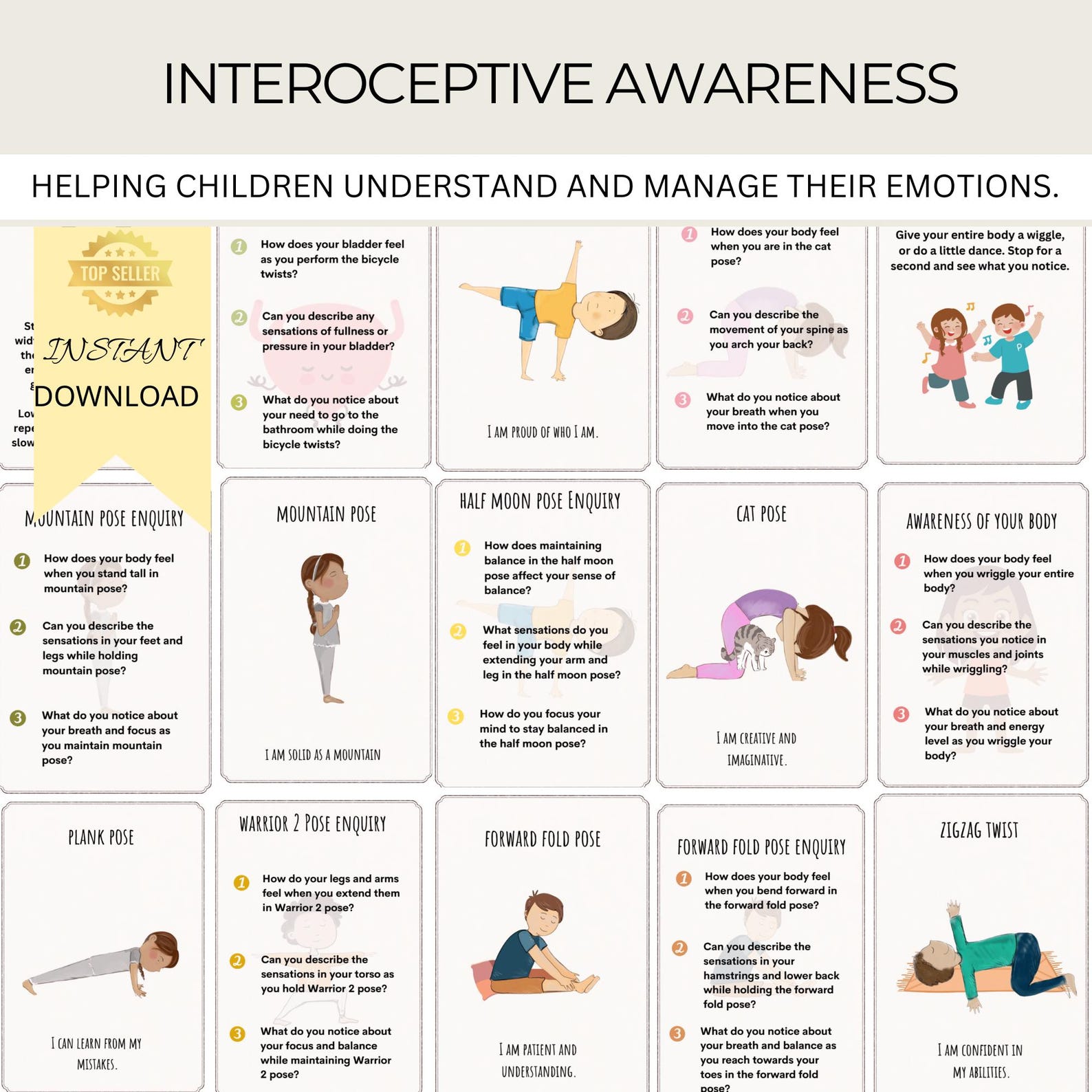 60 BODY AWARENESS Exercises, Yoga Flashcards, Yoga Poses, Interoceptive ...