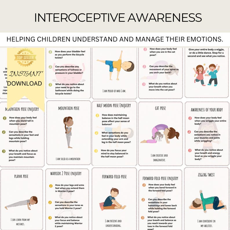 60 BODY AWARENESS Exercises, Yoga Flashcards, Yoga Poses, Interoceptive ...