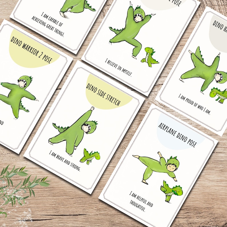Kids Yoga Flashcards: Dinosaur Poses, Affirmations (printable). - Etsy