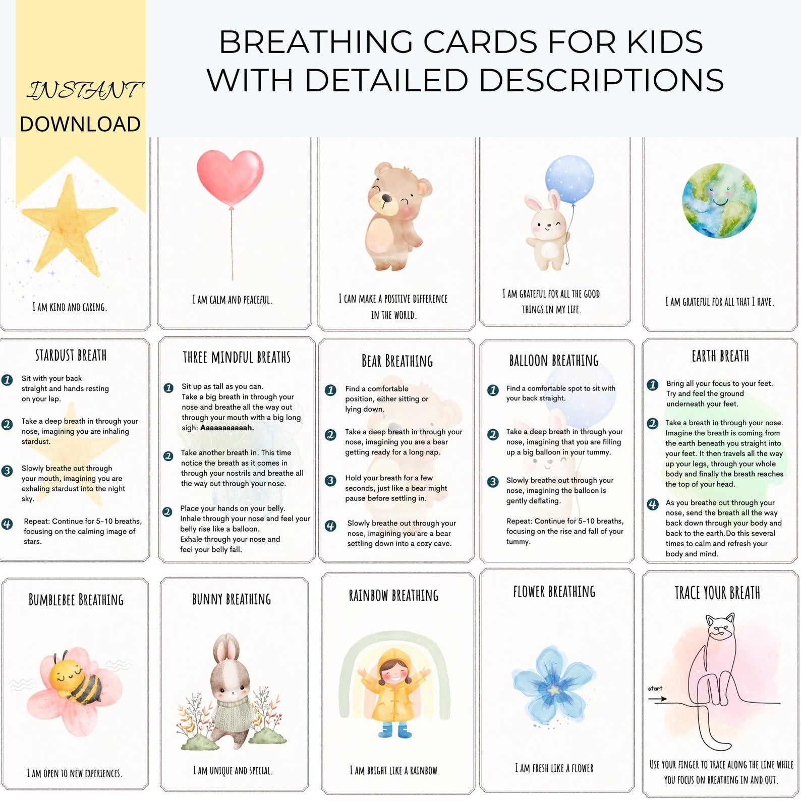 Mindful Breathing Cards for Kids, Printable Calm Down Flashcards ...