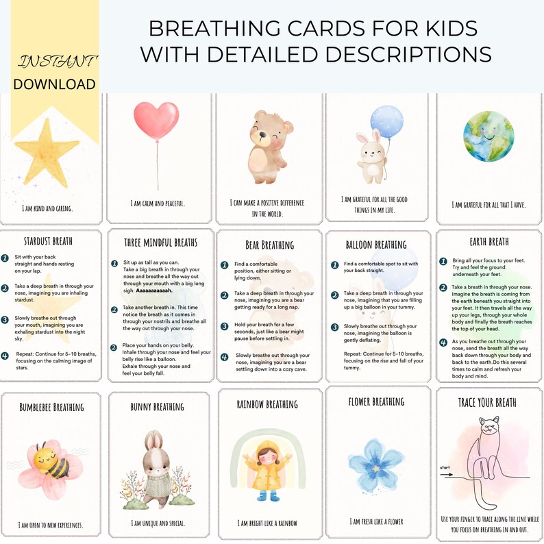 Mindful Breathing Cards for Kids, Printable Calm Down Flashcards ...