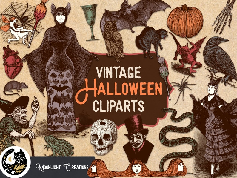 Vintage Halloween Clipart, Halloween PNG Illustrations in Color for ...