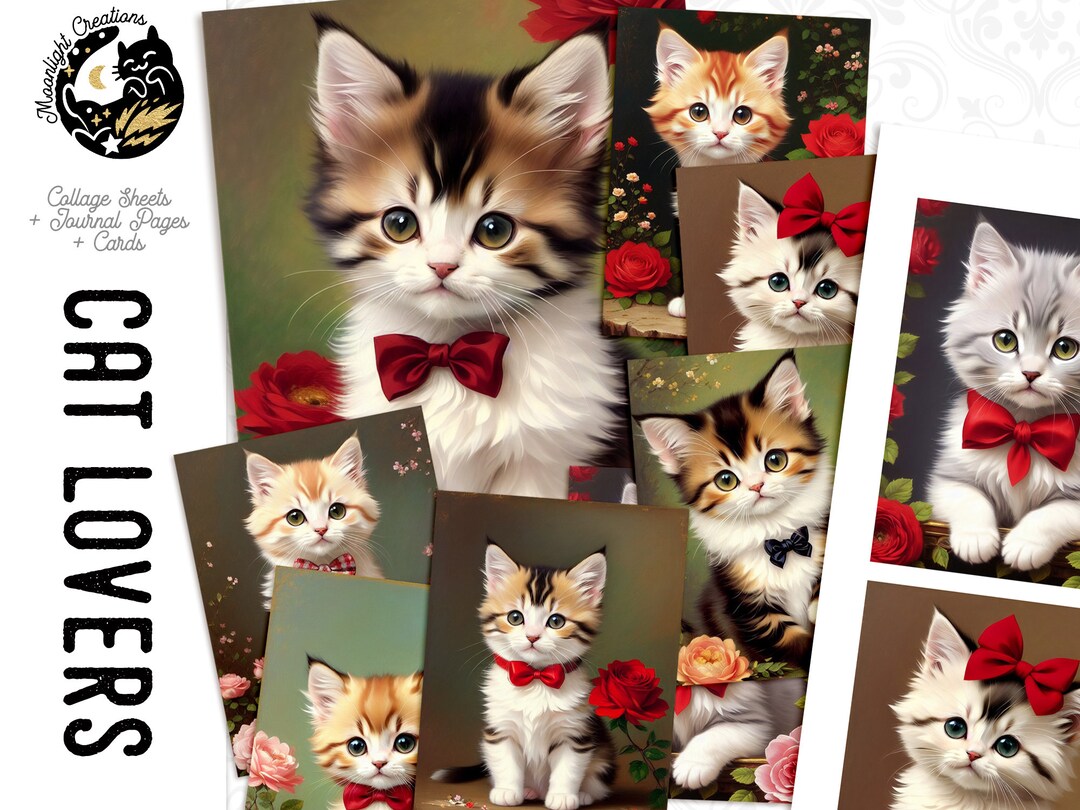 Cute Kittens With Bow Tie, Cat Collage Sheets, Cat Journal Paper ...