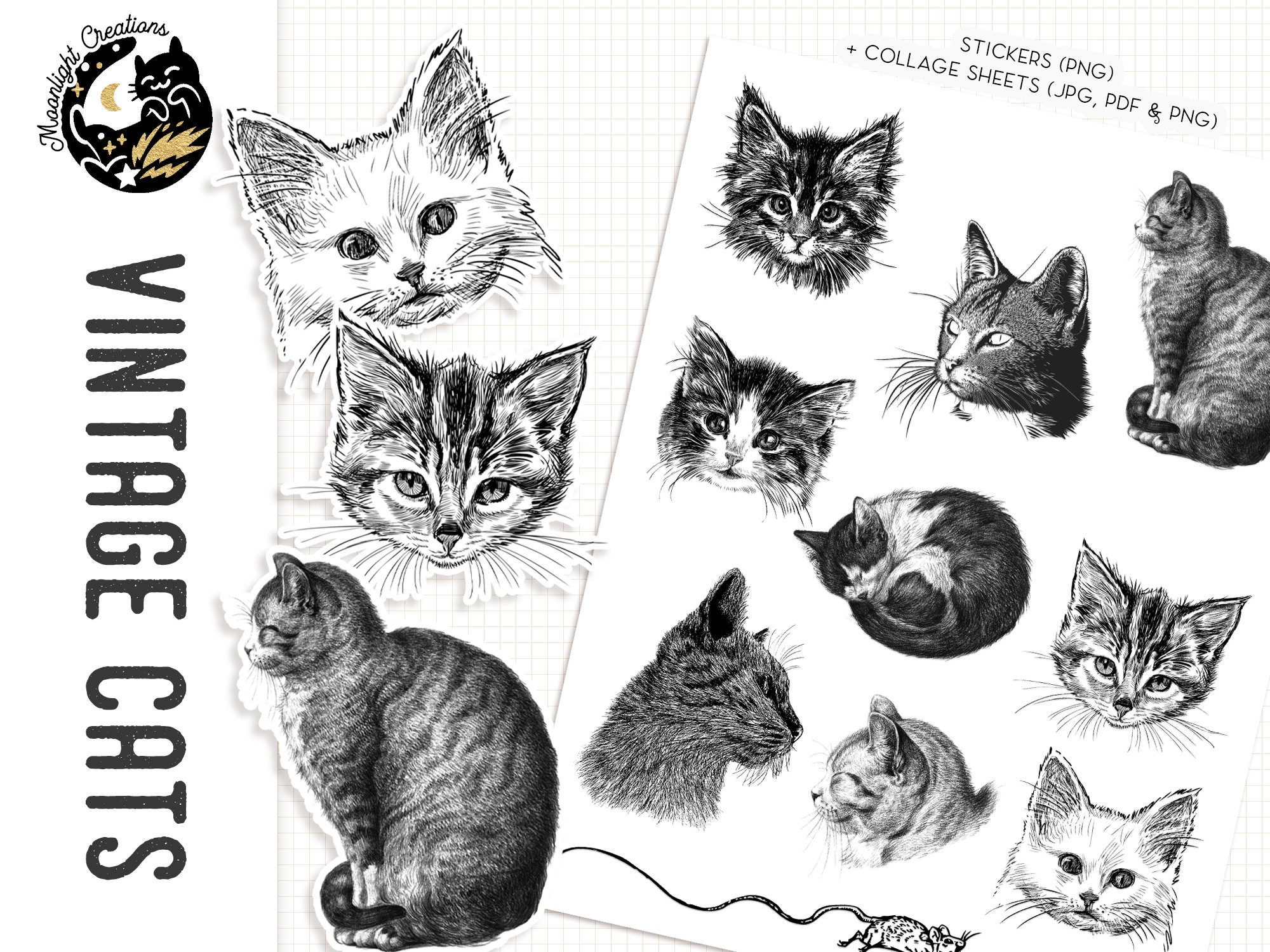 Printable Cat Stickers, Collage Sheet Cats, Vintage Cats Images PNG and ...