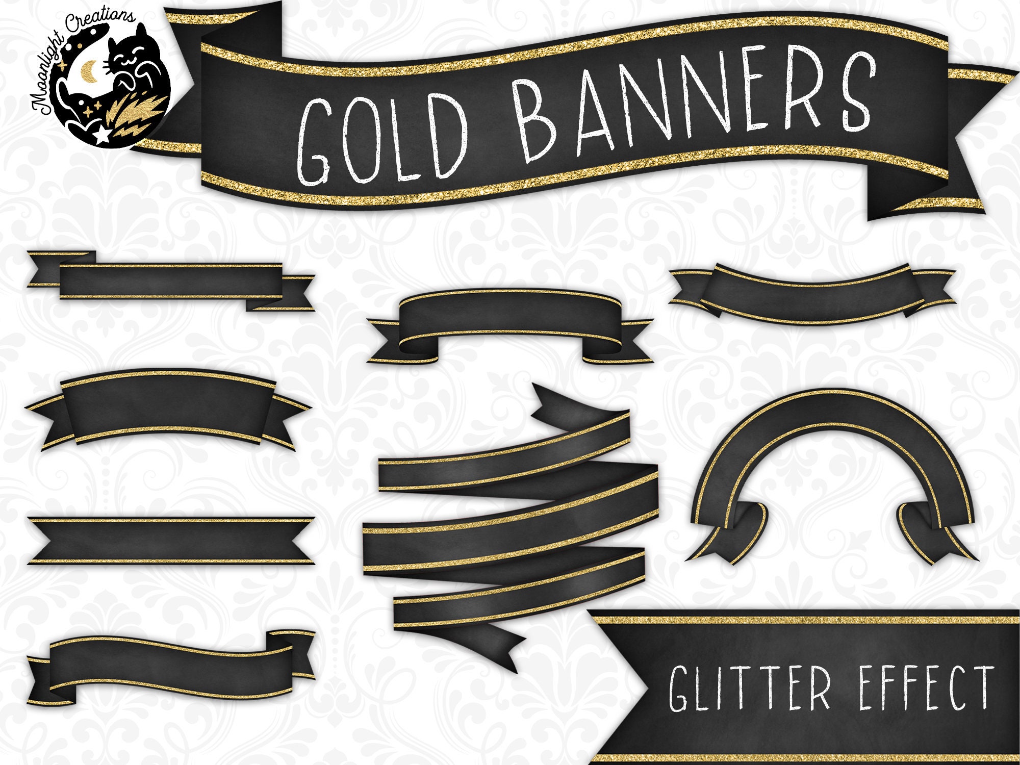 Chalkboard Ribbon Banners Clipart, Gold Ribbon Banners, Gold Glitter ...