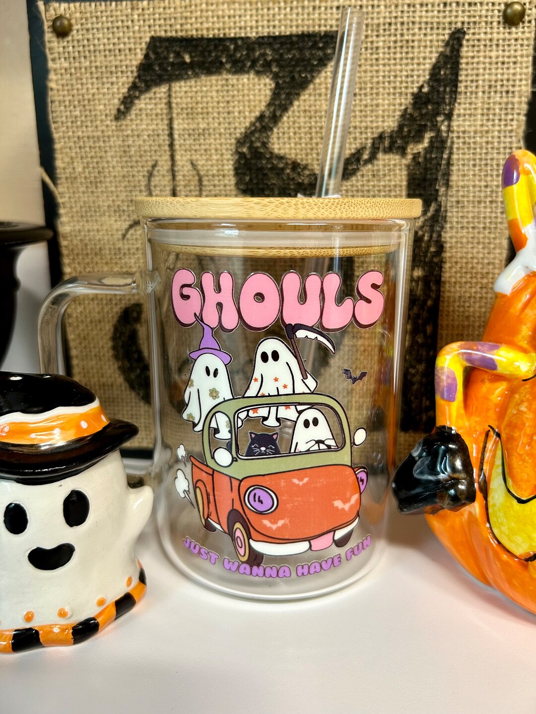 Ghouls Just Wanna Have Fun Ghostie Glass Mug With Lid and Handle ...